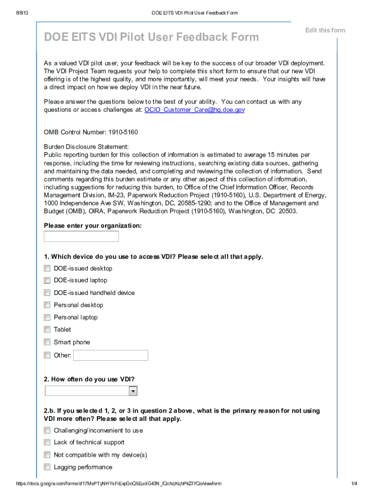 Fillable Online DOE EITS VDI Pilot User Feedback Form Fax Email Print ...