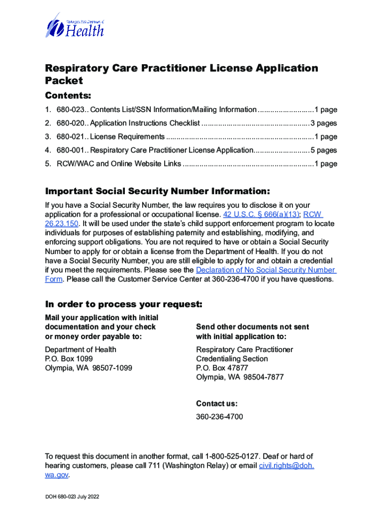 Fillable Online doh wa Respiratory Care Practitioner License ...