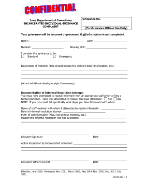 Fillable Online IO-OR-06 F-1 Incarcerated Individual Grievance Form Fax ...