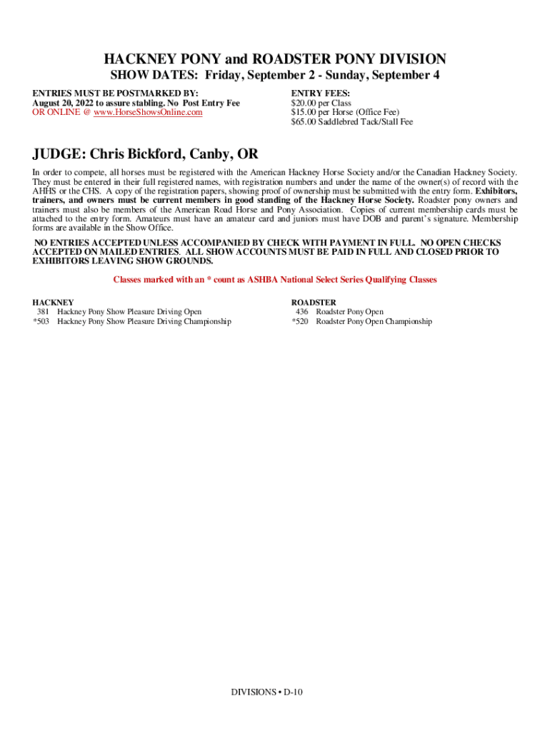 Fillable Online HACKNEY PONY and ROADSTER PONY DIVISION SHOW DATES ...