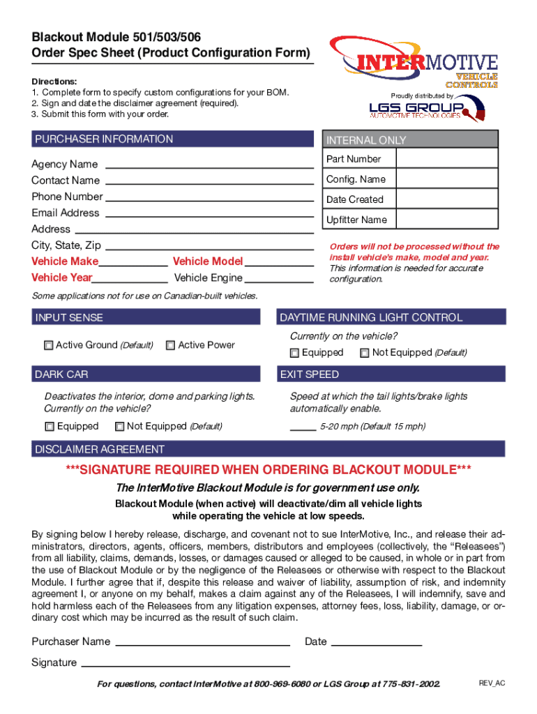 Fillable Online Fillable Online Blackout Module 501/503/506 Order Spec Sheet (Product ... Fax ...