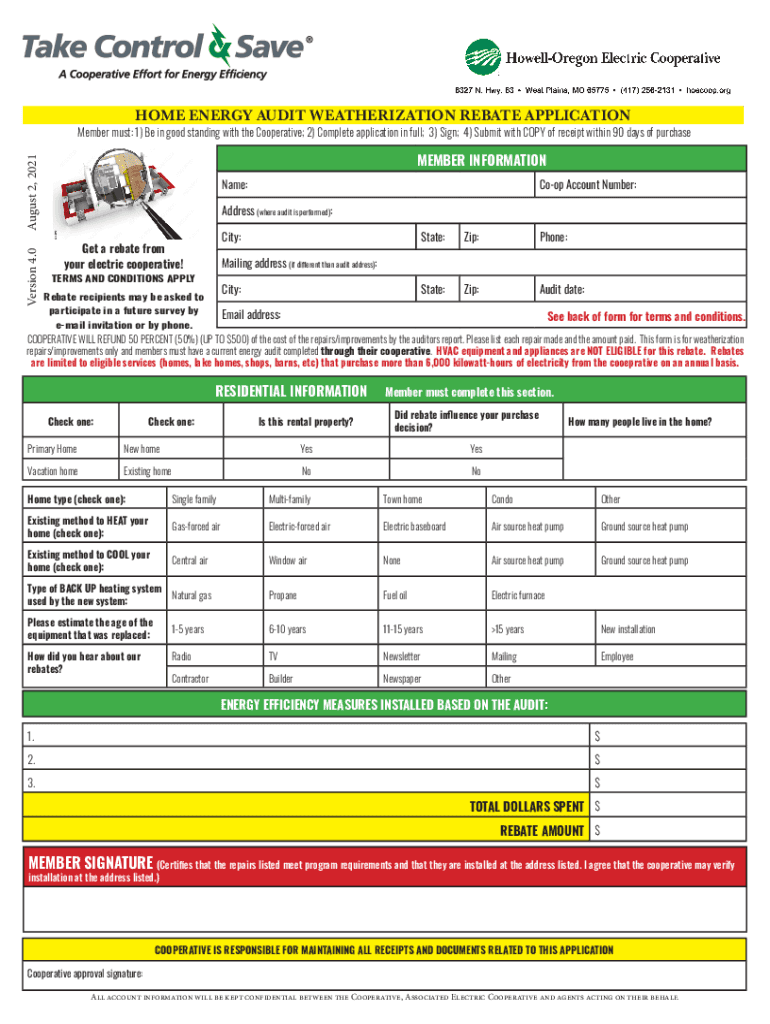 Fillable Online Fillable Online HOME ENERGY AUDIT WEATHERIZATION REBATE ...