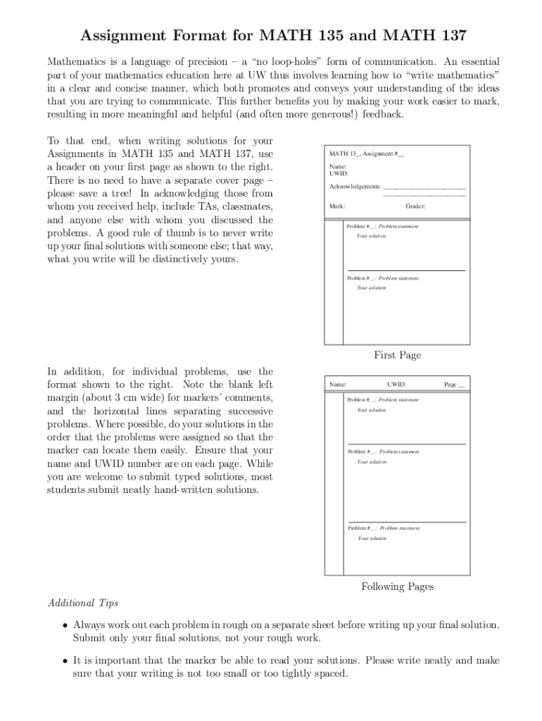 Fillable Online Assignment Template Instructions - Assignment Format for MATH 135 ... Fax Email ...