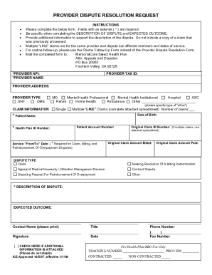 Fillable Online Provider Dispute Resolution Request PDF Form - FormsPal ...