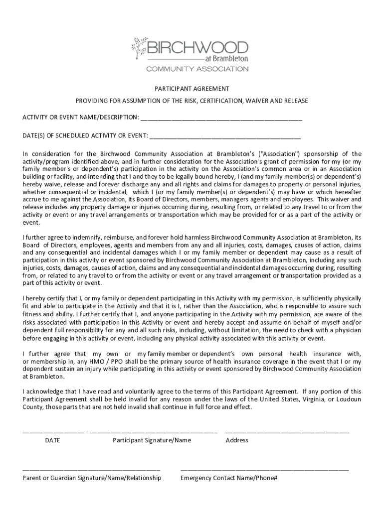 Fillable Online PARTICIPANT AGREEMENT ACTIVITIES EVENTS Fax Email Print - pdfFiller