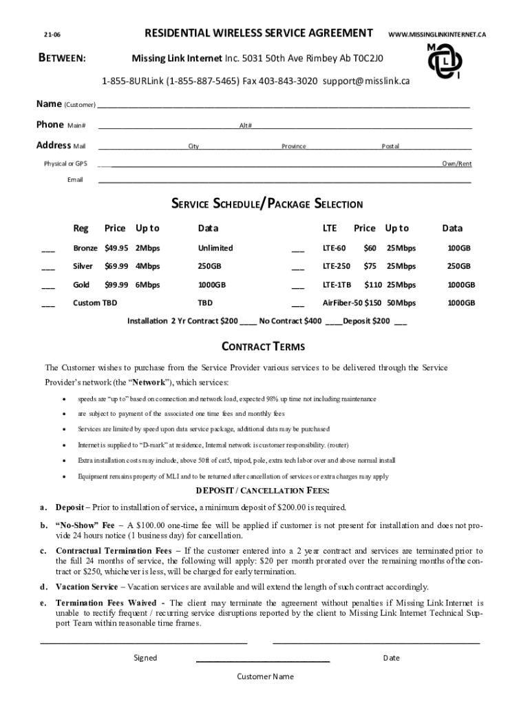 Fillable Online RESIDENTIAL WIRELESS SERVIE AGREEMENT - Missing Link ...
