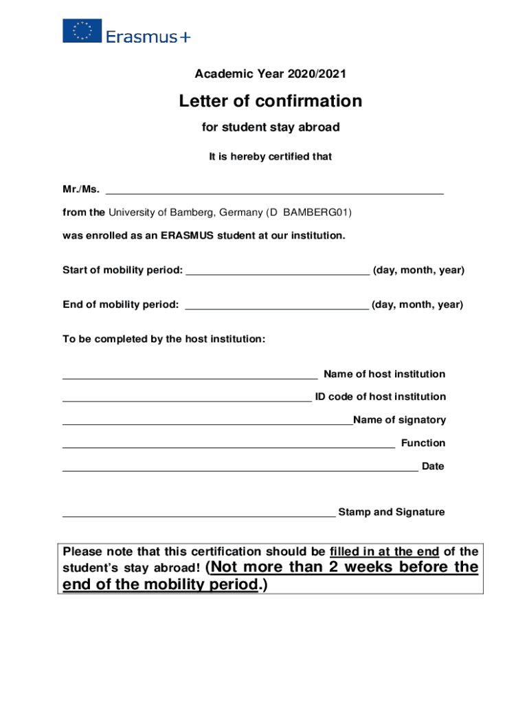 Fillable Online ERASMUS+ Letter Of Confirmation For Student Stay Abroad ...