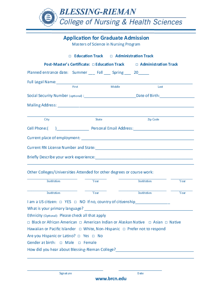 Fillable Online Application for Graduate Admission - brcn.edu Fax Email ...