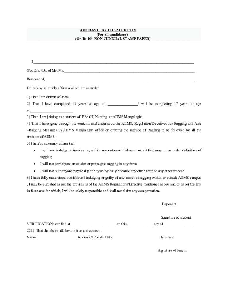 Fillable Online Anti Ragging Affidavit on Rs. 10.00 Stamp paper for ...