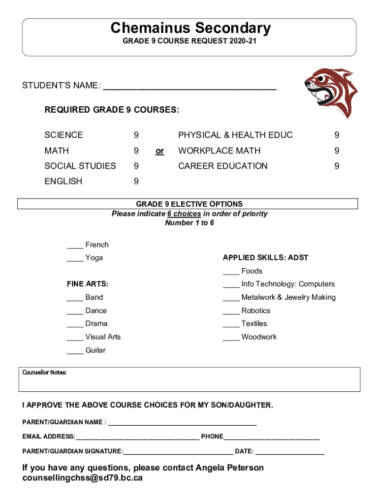 Fillable Online chss sd79 bc Grade 9 Course SelectionSir Winston ...