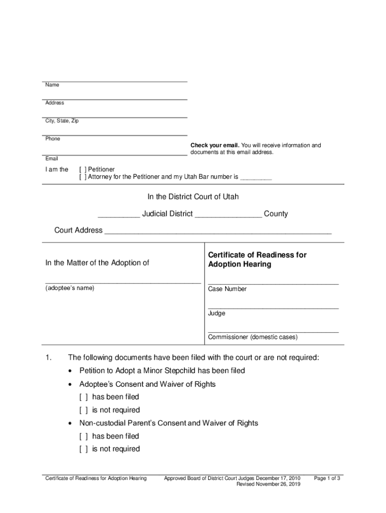 Fillable Online Certificate of Readiness for Adoption Hearing ...