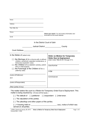 Fillable Online Order on Motion for Temporary Order Due to Deployment ...