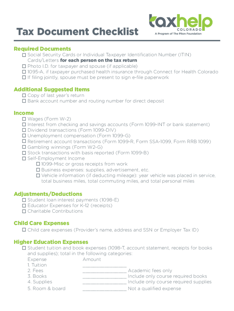 Fillable Online Tax Document Checklist - Tax Help Co Fax Email Print ...