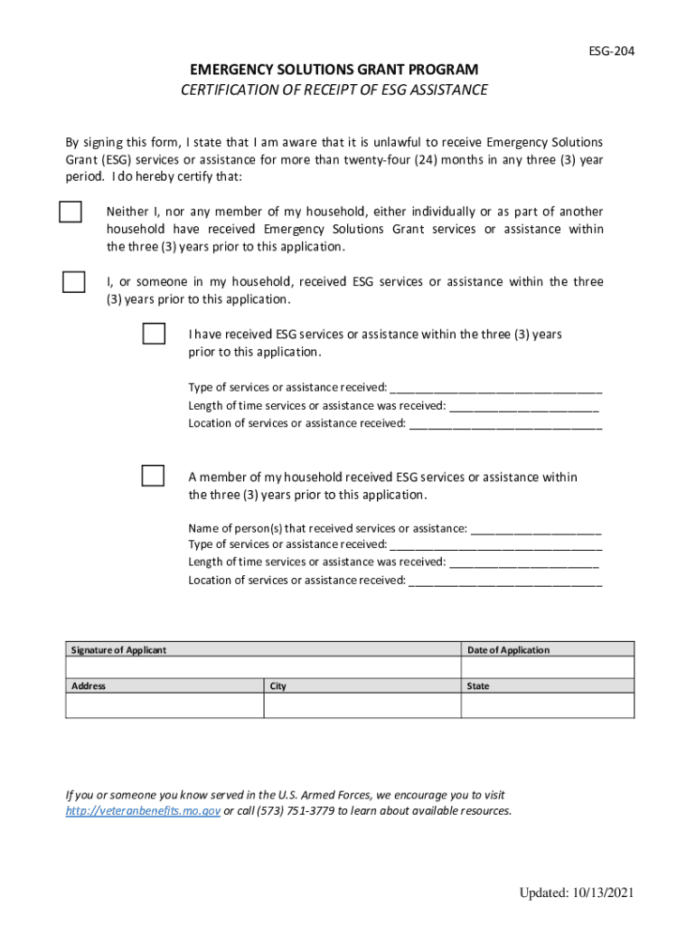 Fillable Online EMERGENCY SOLUTIONS GRANT PROGRAM CERTIFICATION OF ...