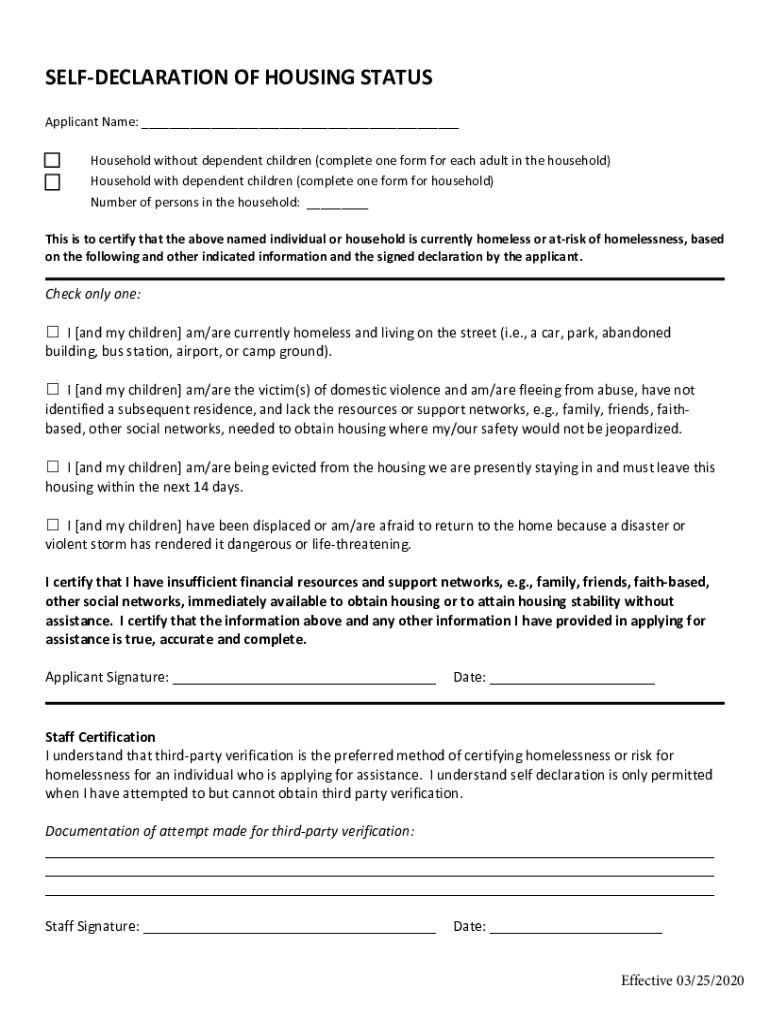Fillable Online HPRP Self-Declaration of Housing Status Template Fax ...