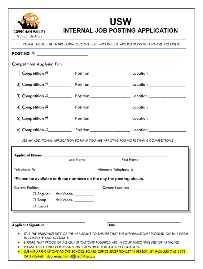 Fillable Online USW - sd79.bc.ca Fax Email Print - pdfFiller