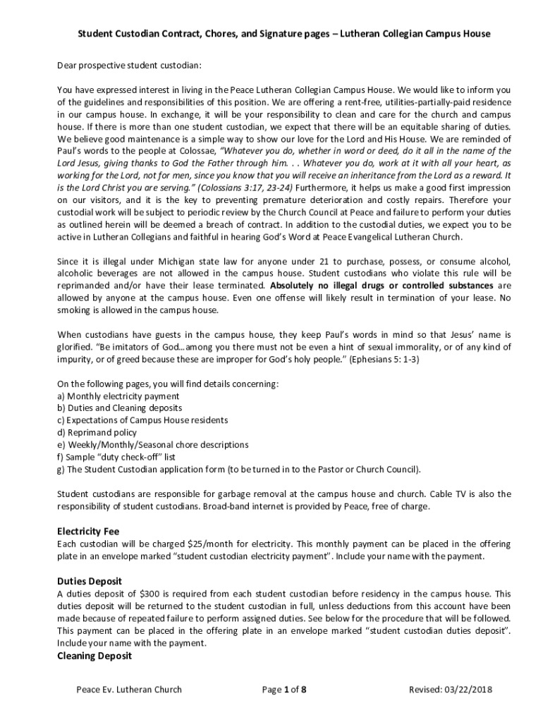 Fillable Online Student Custodian Contract, Chores, and Signature ...