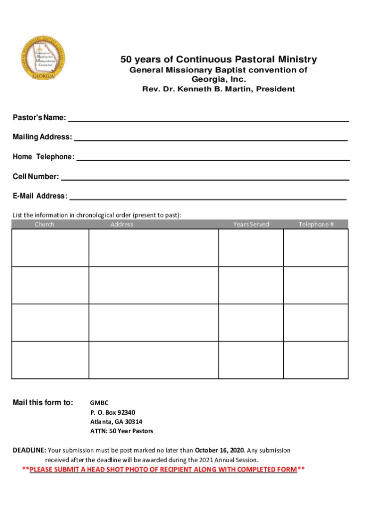 Fillable Online 50 Year Pastor form.docx Fax Email Print - pdfFiller