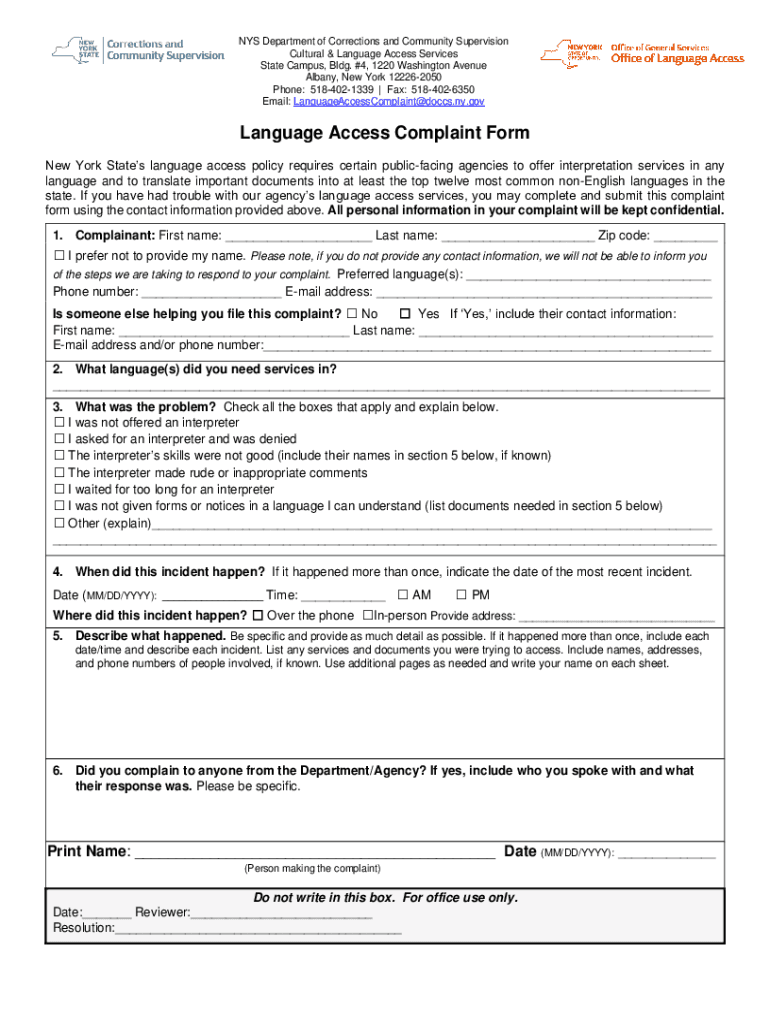 Fillable Online doccs ny Language Access - Department of Corrections ...