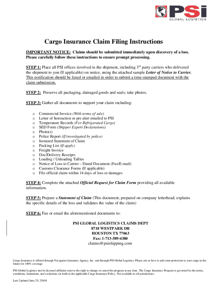 Fillable Online Polaris Logistics Cargo claims . Cargo Insurance Claim ...