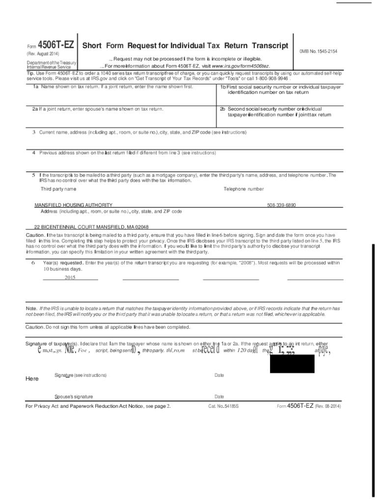 Fillable Online Federal Short Form Request for Individual Tax Return ...