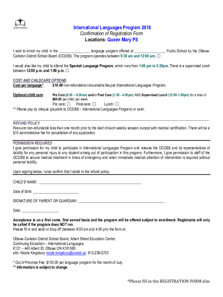 Fillable Online International Languages Program 2018 Confirmation of Registration Form ... Fax ...