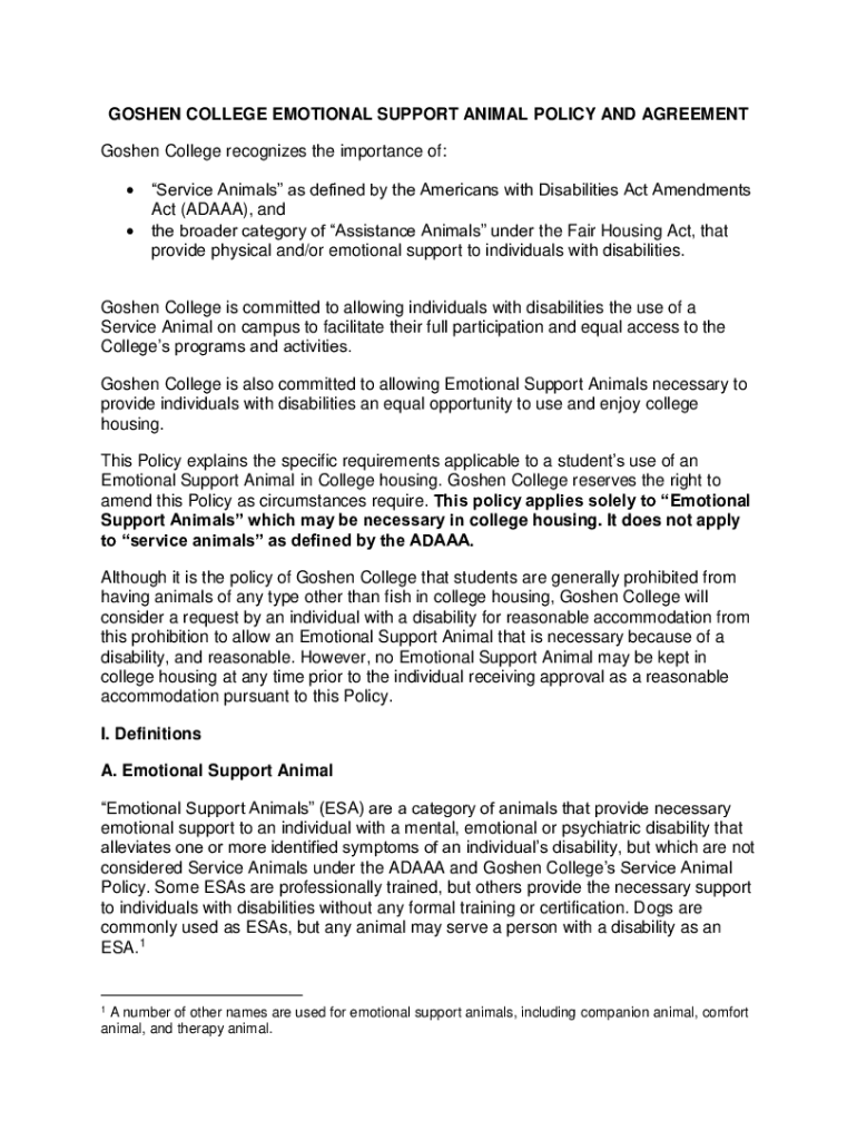 Fillable Online GOSHEN COLLEGE EMOTIONAL SUPPORT ANIMAL POLICY AND AGREEMENT Fax Email Print ...