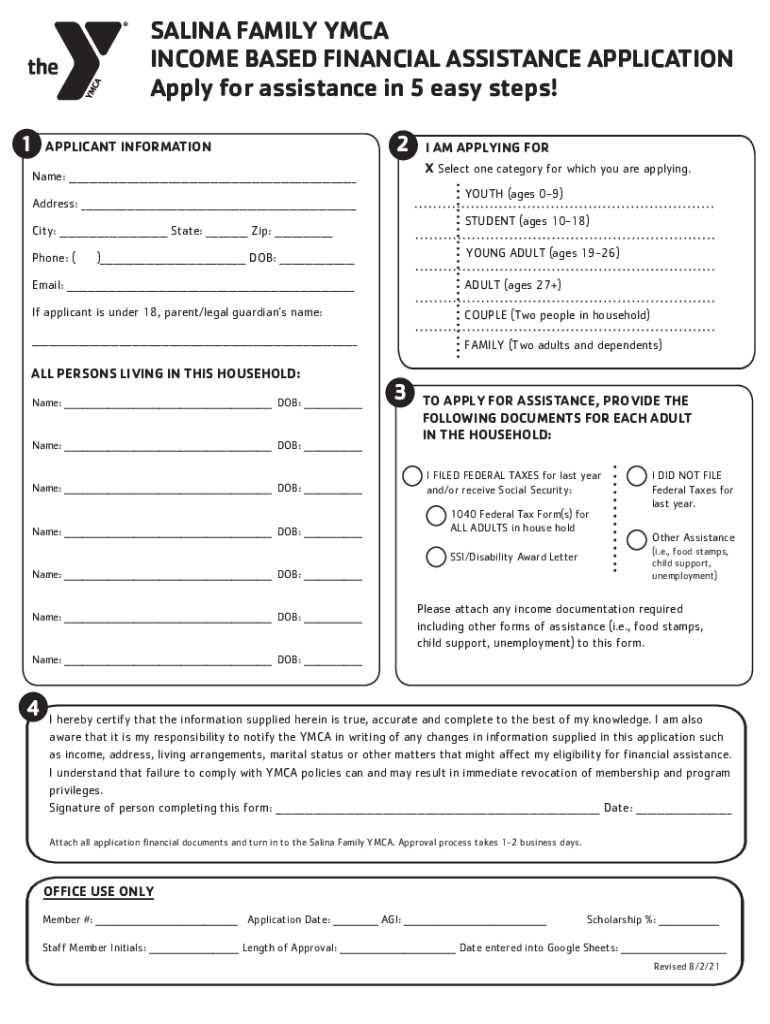 Fillable Online SALINA FAMILY YMCA INCOME BASED FINANCIAL ASSISTANCE APPLICATION Apply ... Fax ...