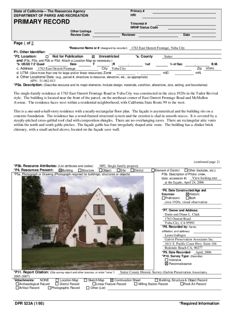 Fillable Online The Resources Agency Primary - California State Parks ...