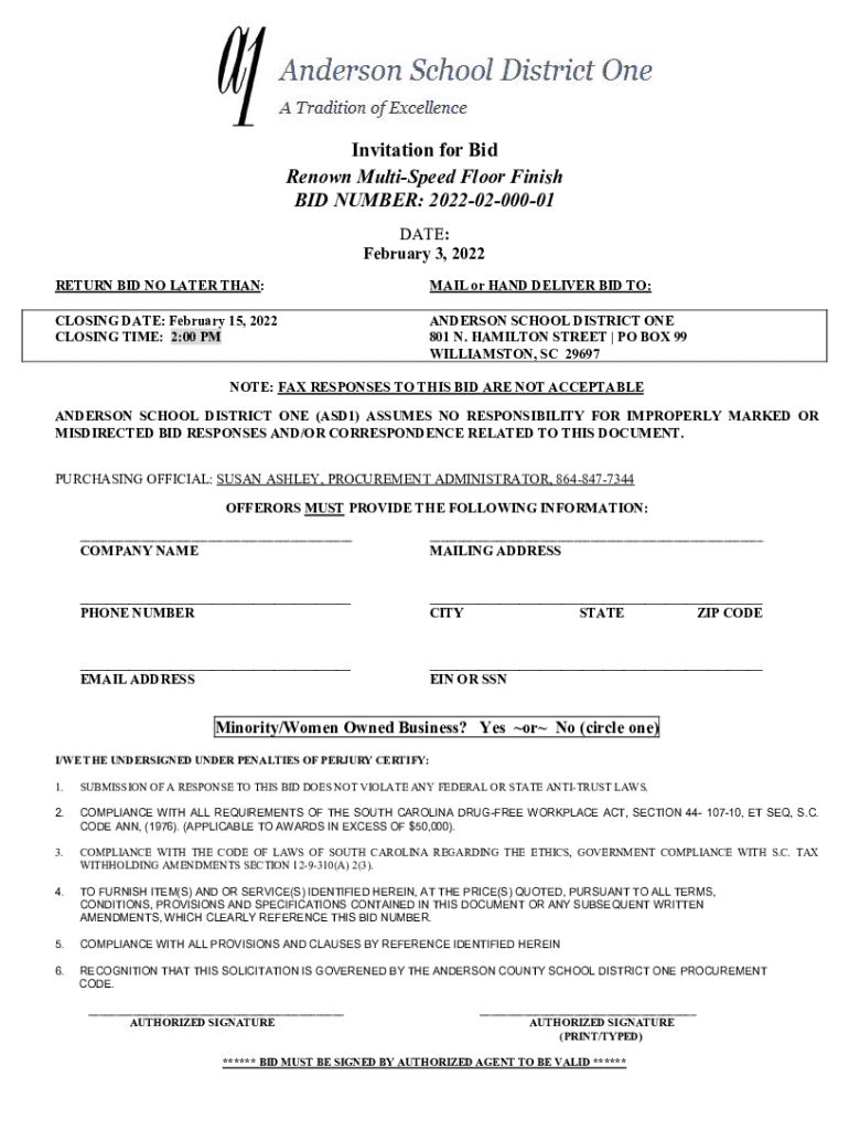 Fillable Online Invitation for Bid Renown Multi-Speed Floor Finish BID NUMBER ... Fax Email ...