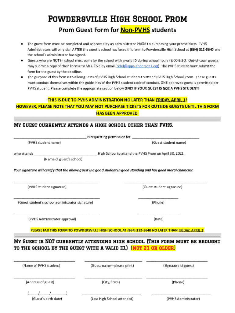 Fillable Online Prom Info: Non-PVHS Guest forms... - Powdersville High ...