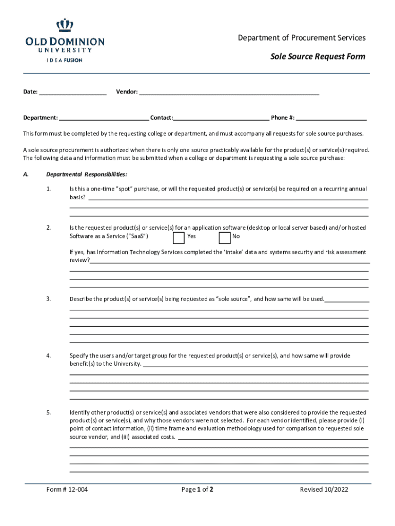 Fillable Online Sole Source Request Form. Sole Source Request Form Fax ...