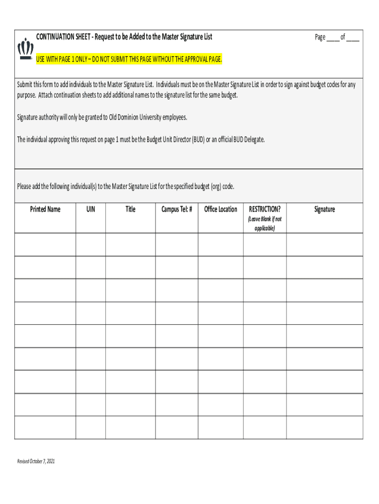 Fillable Online ww1.odu.educontentdamCONTINUATION SHEET - Request to be ...