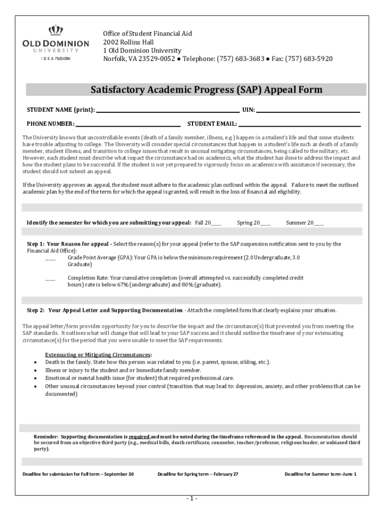 Fillable Online Satisfactory Academic Progress (SAP) Appeal Form - Old Dominion University Fax ...