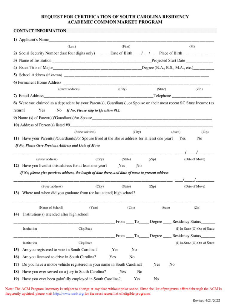 Fillable Online che sc REQUEST FOR CERTIFICATION OF SOUTH CAROLINA ...