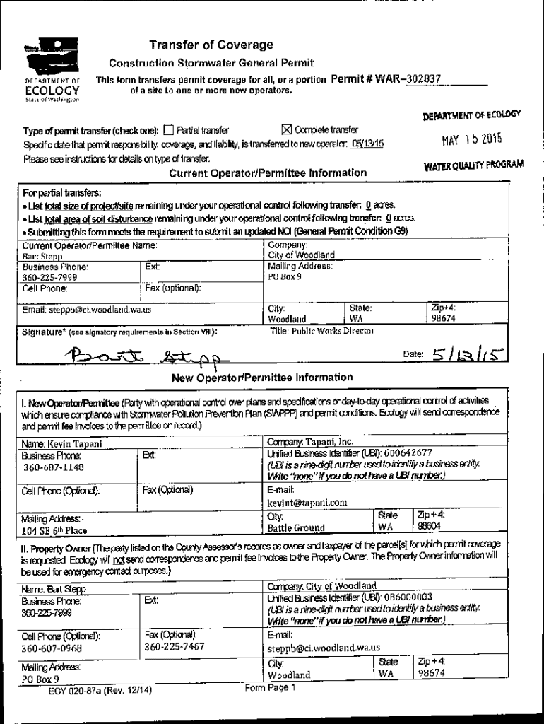 Fillable Online This form transfers permit coverage for all, or a ...