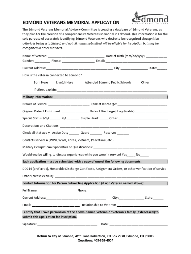 Fillable Online Veterans Memorial Recognition Form Fax Email Print ...