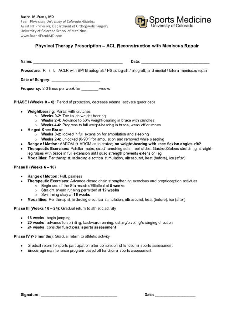 Fillable Online Physical Therapy PrescriptionACL Reconstruction with Meniscus Repair Fax Email ...