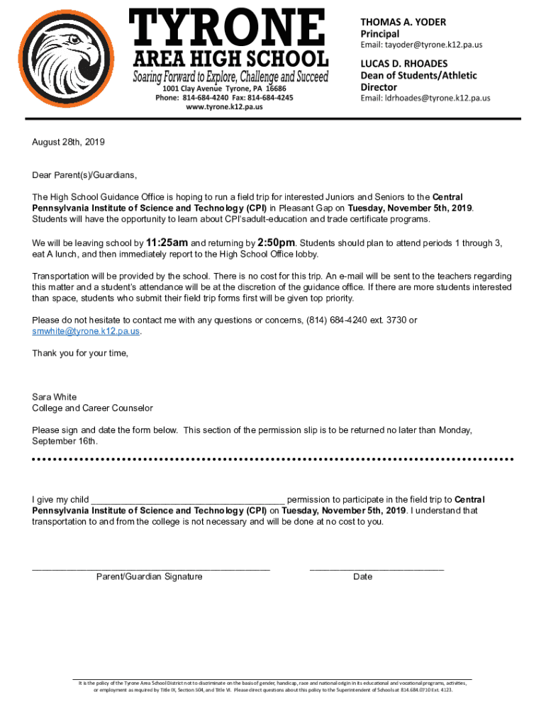 Fillable Online Field Trip Permission - Tyrone Area School District Fax ...