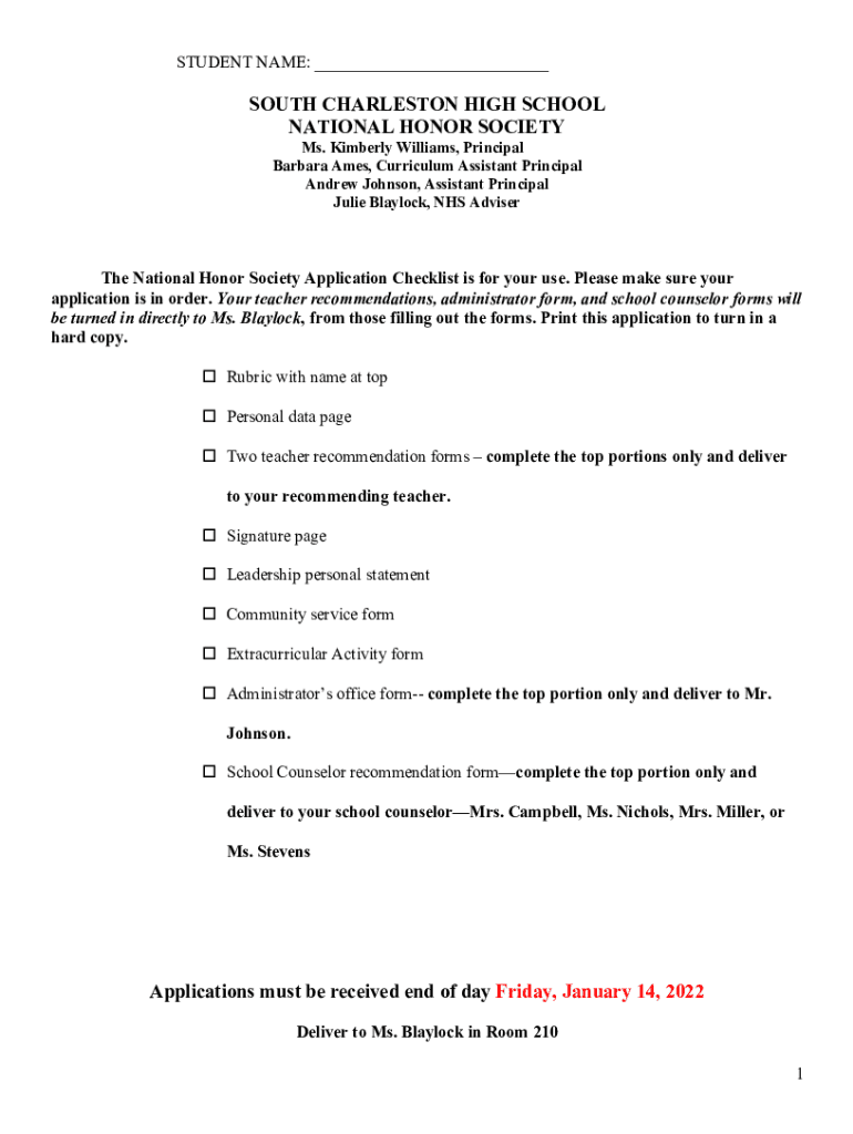 Fillable Online National Honor Society Application Checklist ...