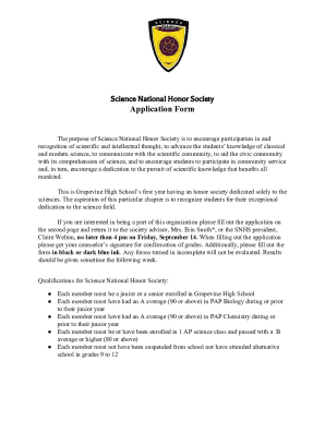 Fillable Online Science National Honor Society Application Form ...