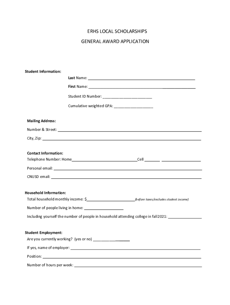 Fillable Online ERHS LOCAL SCHOLARSHIPS GENERAL AWARD APPLICATION Fax Email Print - pdfFiller