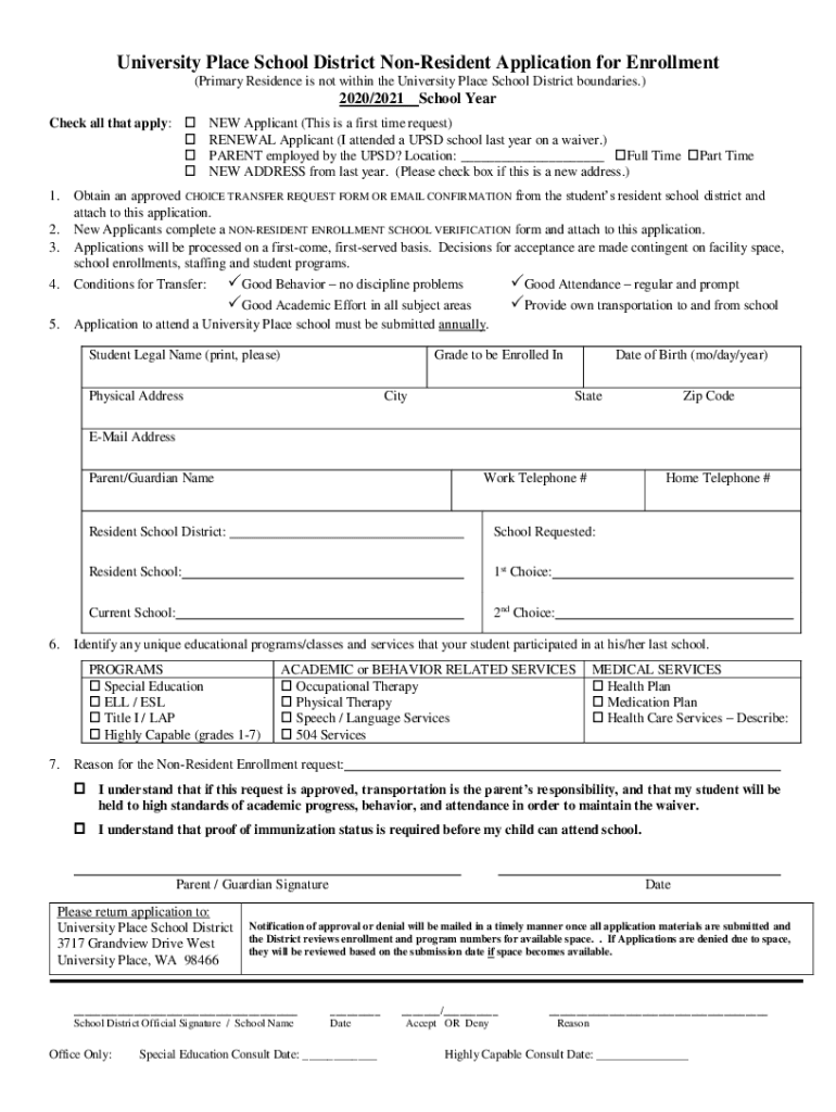 Fillable Online University Place School District Non-Resident ...