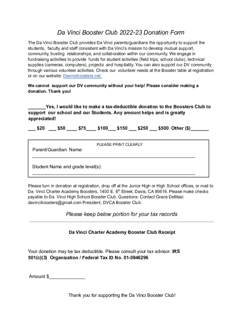 Fillable Online Da Vinci Booster Club 2022-23 Donation Form ...