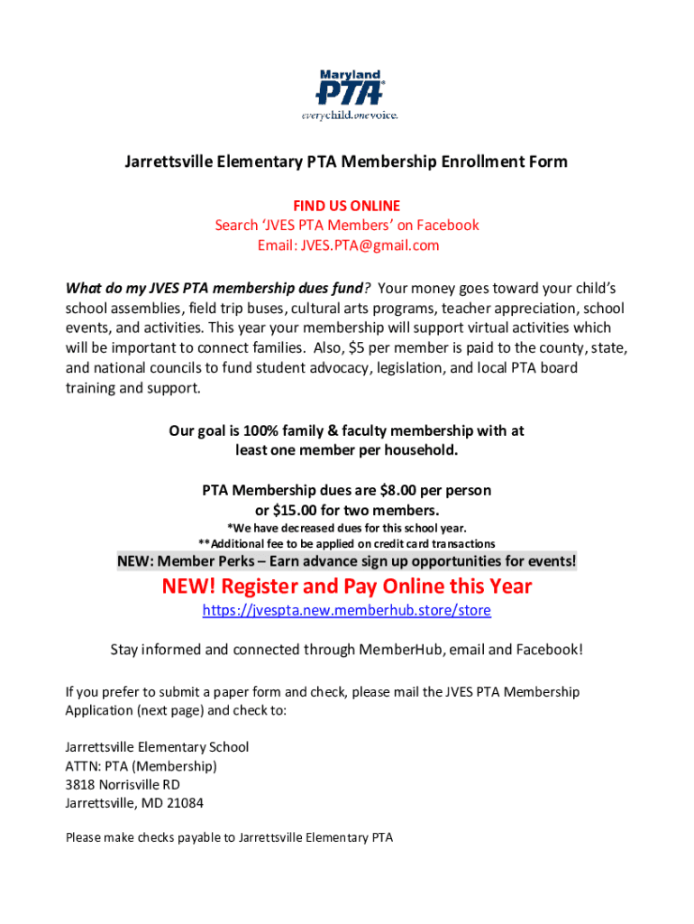 Fillable Online Jarrettsville Elementary PTA Membership Enrollment Form ...