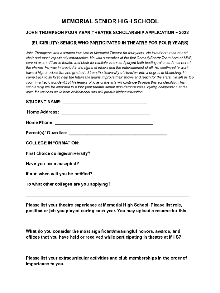 Fillable Online COLLEGE INFORMATION: ME MO RI AL S E NI O R HI G H S ...
