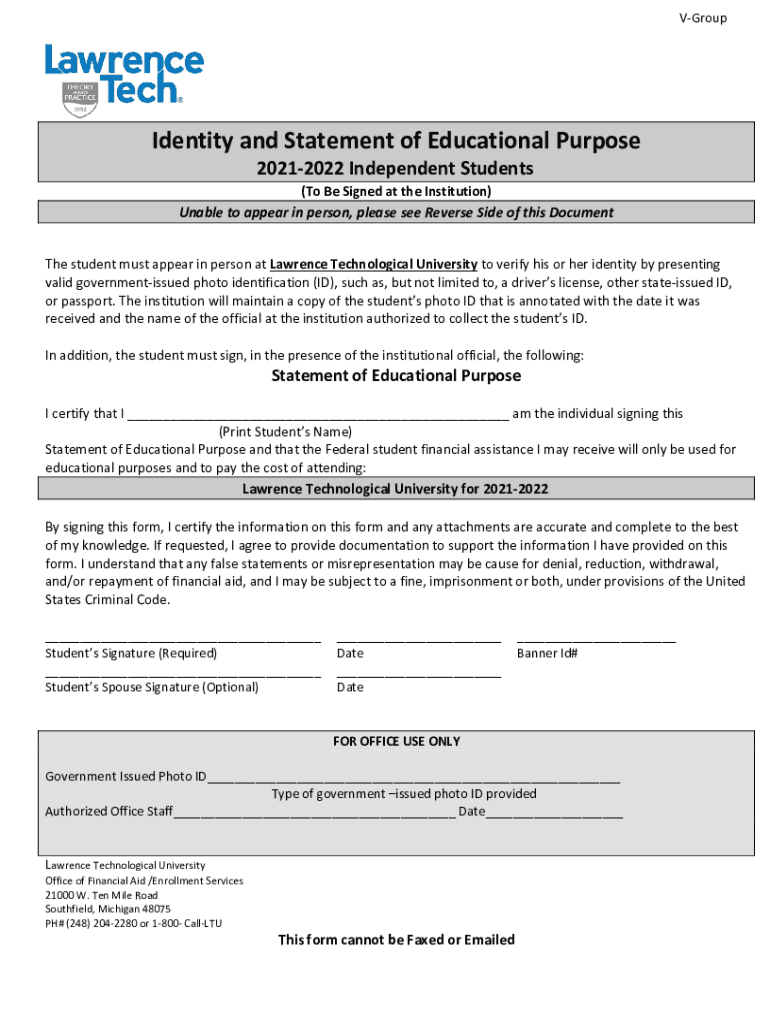 Fillable Online Identity and Statement of Educational Purpose - ltu.edu Fax Email Print - pdfFiller