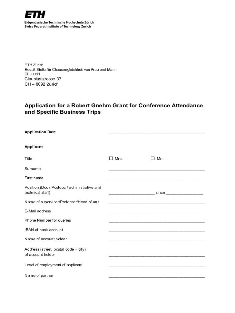 Fillable Online ethz.chcontentdamApplication for a Robert Gnehm Grant for Conference ... Fax ...