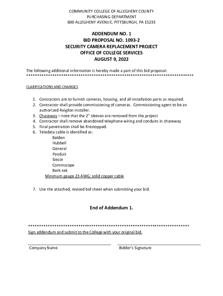 Fillable Online addendum no. 1 bid proposal no. 1093-2 security camera ... Fax Email Print ...