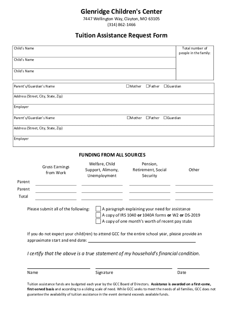 Fillable Online Glenridge Children's Center - Tuition Assistance ...